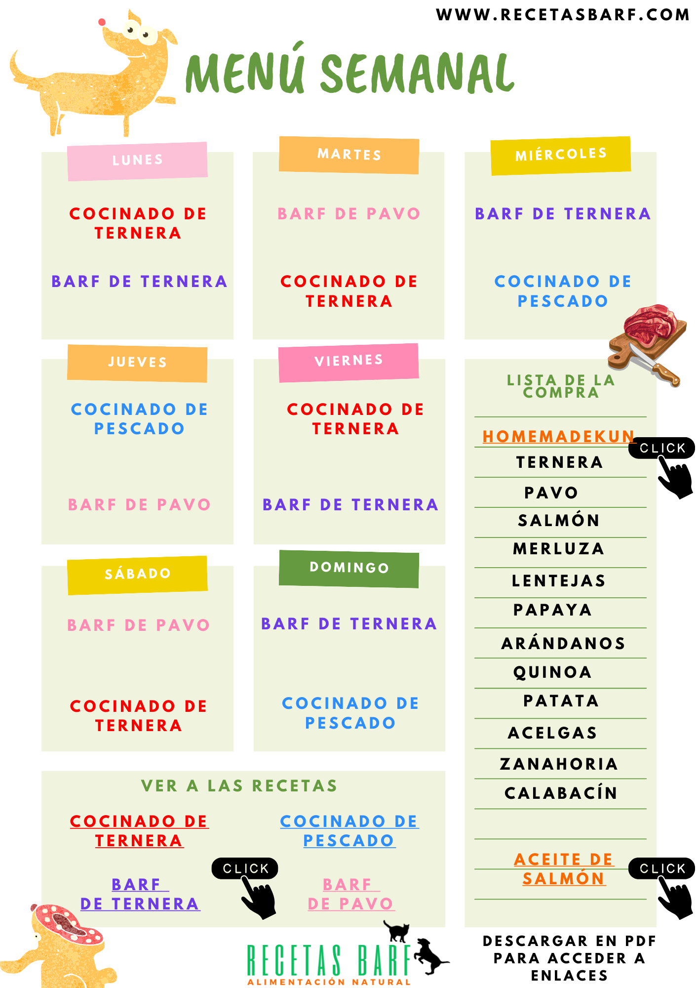 Menú semanal para perros 🥩 Dieta BARF y Cocinada